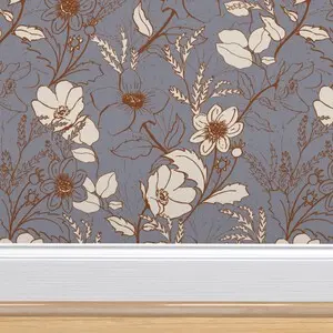 Spoonflower Be Gentle Hand Drawn Floral Periwinkle 100% Natural Sisal Grasscloth Wallcovering