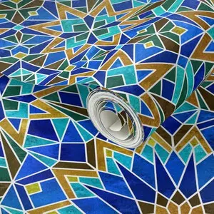 Spoonflower Blue Geometric Mosaic Morocco Tiles Ornament Custom Removable Wallpaper - Beige,blue,green