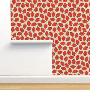 Spoonflower Strawberries Red White And Blue 100% Natural Sisal Grasscloth Wallcovering