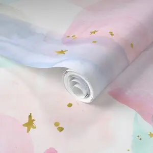 Spoonflower Stars Watercolor Abstract Gold Pastel Baby Custom Removable Wallpaper - Rainbow