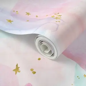Spoonflower Stars Watercolor Abstract Gold Pastel Baby Custom Removable Wallpaper - Rainbow
