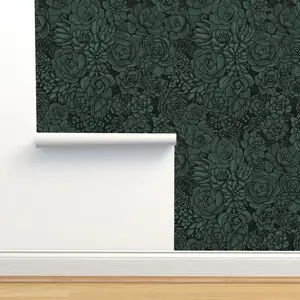 Spoonflower Night Succulent Garden Pine And Graphite 100% Natural Sisal Grasscloth Wallcovering