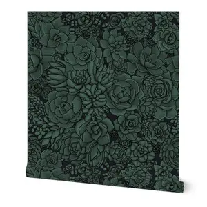 Spoonflower Night Succulent Garden Pine And Graphite 100% Natural Sisal Grasscloth Wallcovering