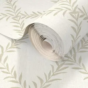 Spoonflower Erin Leafy Trellis Beige Trellsi On White 100% Natural Sisal Grasscloth Wallcovering - Beige,gray