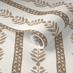 Spoonflower Botanical Stripe Floral Neutral Leaf 100% Natural Sisal Grasscloth Wallcovering - Brown