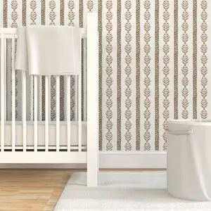 Spoonflower Botanical Stripe Floral Neutral Leaf 100% Natural Sisal Grasscloth Wallcovering - Brown