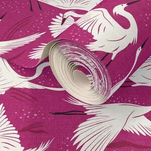 Spoonflower Soaring Wings Magenta Crane 100% Natural Sisal Grasscloth Wallcovering - Pink,purple