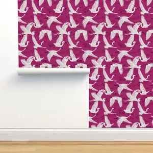 Spoonflower Soaring Wings Magenta Crane 100% Natural Sisal Grasscloth Wallcovering