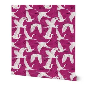 Spoonflower Soaring Wings Magenta Crane 100% Natural Sisal Grasscloth Wallcovering