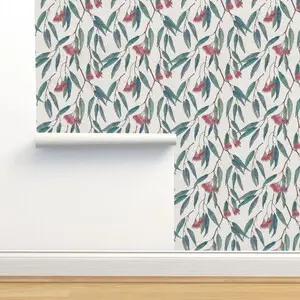 Spoonflower Eucalyptus With Pink Flowers On White 100% Natural Sisal Grasscloth Wallcovering - White,blue,red