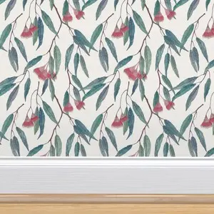 Spoonflower Eucalyptus With Pink Flowers On White 100% Natural Sisal Grasscloth Wallcovering - White,blue,red