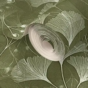 Spoonflower Ginkgo Biloba Avocado 100% Natural Sisal Grasscloth Wallcovering - Ivory