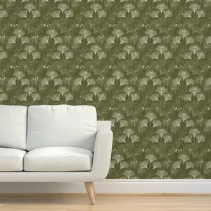 Spoonflower Ginkgo Biloba Avocado 100% Natural Sisal Grasscloth Wallcovering - Ivory