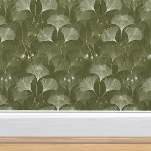 Spoonflower Ginkgo Biloba Avocado 100% Natural Sisal Grasscloth Wallcovering - Ivory