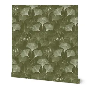 Spoonflower Ginkgo Biloba Avocado 100% Natural Sisal Grasscloth Wallcovering - Ivory