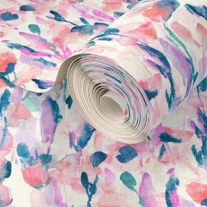 Spoonflower Watercolor Abstract Floral Painterly Jacqueline 100% Natural Sisal Grasscloth Wallcovering - Pink,blue