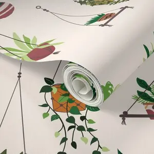 Spoonflower Green Cute Modern Plant Garden Custom Pre-pasted Wallpaper - Green,gray