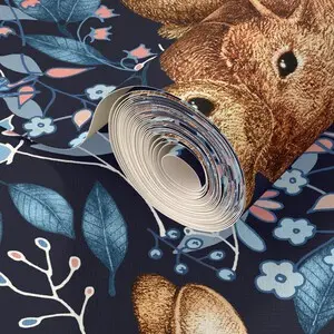 Spoonflower Spring Rabbit Pair On Navy Blue 100% Natural Sisal Grasscloth Wallcovering