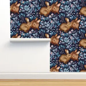 Spoonflower Spring Rabbit Pair On Navy Blue 100% Natural Sisal Grasscloth Wallcovering