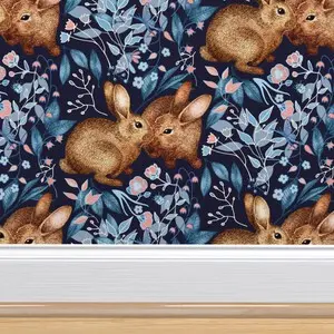 Spoonflower Spring Rabbit Pair On Navy Blue 100% Natural Sisal Grasscloth Wallcovering