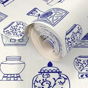 Spoonflower Ginger Jar Collection 1 Navy On White 100% Natural Sisal Grasscloth Wallcovering - Navy,blue