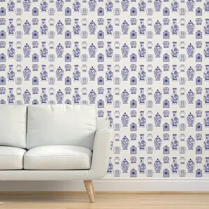 Spoonflower Ginger Jar Collection 1 Navy On White 100% Natural Sisal Grasscloth Wallcovering