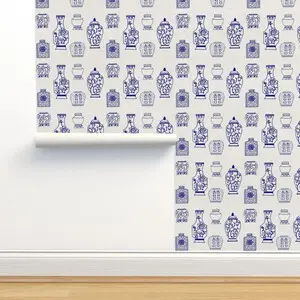 Spoonflower Ginger Jar Collection 1 Navy On White 100% Natural Sisal Grasscloth Wallcovering