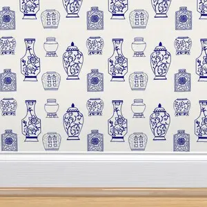 Spoonflower Ginger Jar Collection 1 Navy On White 100% Natural Sisal Grasscloth Wallcovering
