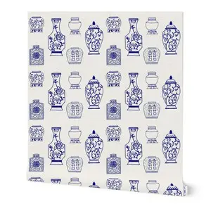 Spoonflower Ginger Jar Collection 1 Navy On White 100% Natural Sisal Grasscloth Wallcovering