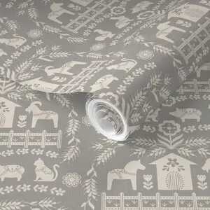 Spoonflower Swedish Folk Art Horse Dala Rooster Farm Custom Removable Wallpaper - Gray