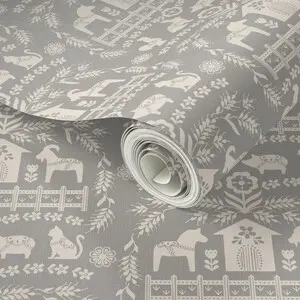 Spoonflower Swedish Folk Art Horse Dala Rooster Farm Custom Removable Wallpaper - Gray