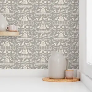 Spoonflower Swedish Folk Art Horse Dala Rooster Farm Custom Removable Wallpaper - Gray
