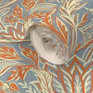 Spoonflower Stylized Botanical Damask In Soft Blue Coral Red 100% Natural Sisal Grasscloth Wallcovering Red