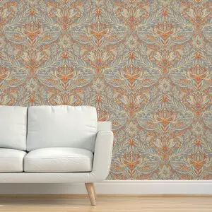 Spoonflower Stylized Botanical Damask In Soft Blue Coral 100% Natural Sisal Grasscloth Wallcovering