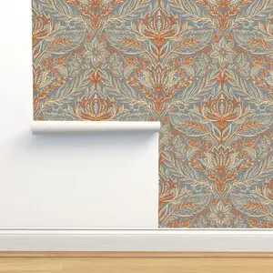 Spoonflower Stylized Botanical Damask In Soft Blue Coral 100% Natural Sisal Grasscloth Wallcovering