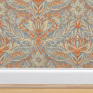 Spoonflower Stylized Botanical Damask In Soft Blue Coral 100% Natural Sisal Grasscloth Wallcovering