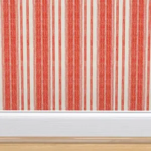 Spoonflower Thick Red Stripes On 100% Natural Sisal Grasscloth Wallcovering - Pink,red,orange