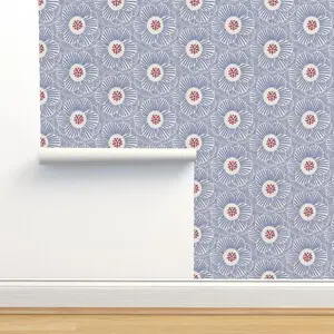 Spoonflower Overlapping Camellia Periwinkle And Berry 100% Natural Sisal Grasscloth Wallcovering - Gray,blue,pink