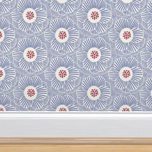 Spoonflower Overlapping Camellia Periwinkle And Berry 100% Natural Sisal Grasscloth Wallcovering - Gray,blue,pink