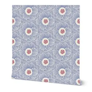 Spoonflower Overlapping Camellia Periwinkle And Berry 100% Natural Sisal Grasscloth Wallcovering - Gray,blue,pink