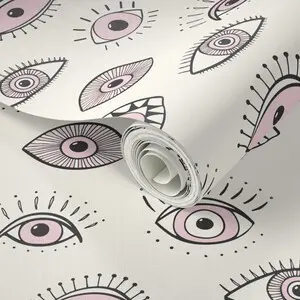 Spoonflower Eye Eyes Pink Magical Lucky Charm Symbol Custom Pre-pasted Wallpaper - Pink,gray