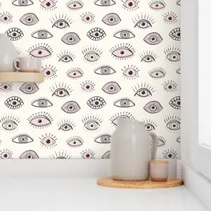 Spoonflower Eye Eyes Pink Magical Lucky Charm Symbol Custom Pre-pasted Wallpaper - Pink,gray