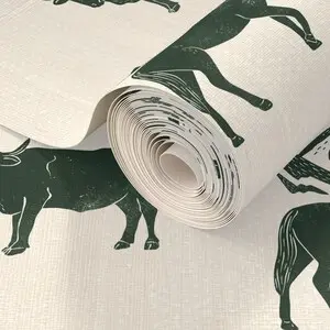 Spoonflower Home On The Range Textured Block Cow Horse Chicken 100% Natural Sisal Grasscloth Wallcovering - White,green