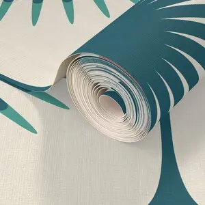 Spoonflower Swans Teal On Warm 100% Natural Sisal Grasscloth Wallcovering - Teal,blue