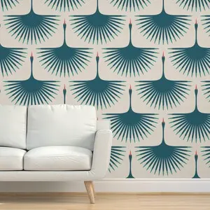 Spoonflower Swans Teal On Warm 100% Natural Sisal Grasscloth Wallcovering - Teal,blue