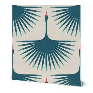 Spoonflower Swans Teal On Warm 100% Natural Sisal Grasscloth Wallcovering - Teal,blue