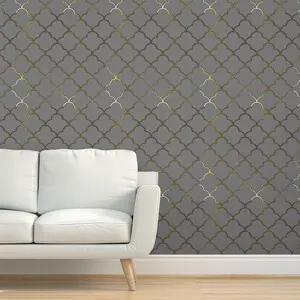 Spoonflower Grey Gold Tile Decor Tiles Custom Pre-pasted Wallpaper