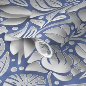 Spoonflower White Blue Flowers Leaves Floral Nature Traditional Wallpaper - Gray,blue,white