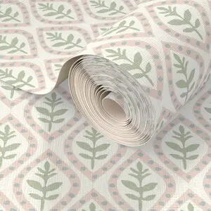 Spoonflower Molly's Quiet Blue Pink And 100% Natural Sisal Grasscloth Wallcovering - Green