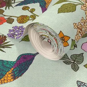Spoonflower Hummingbirds And Bees Mint 100% Natural Sisal Grasscloth Wallcovering - Mint,green
